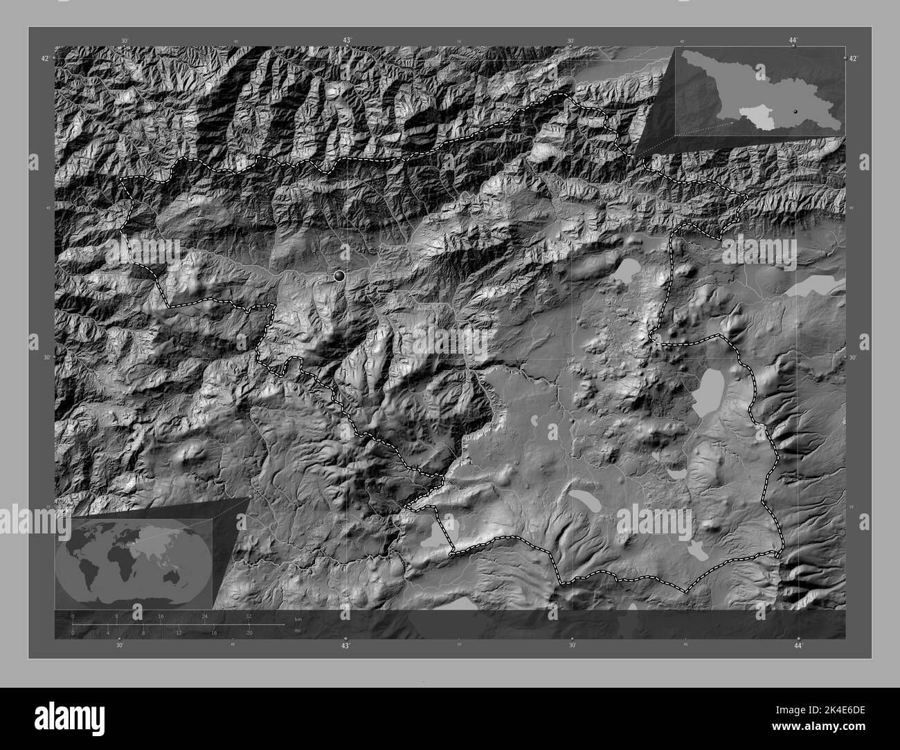 Samtskhe-Javakheti, region of Georgia. Bilevel elevation map with lakes and rivers. Corner ...