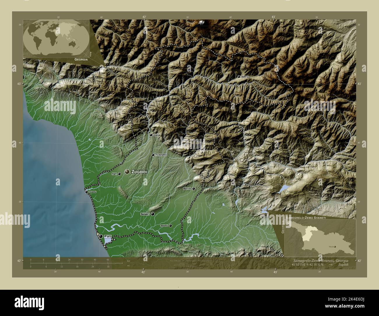 Samegrelo-Zemo Svaneti, region of Georgia. Elevation map colored in ...