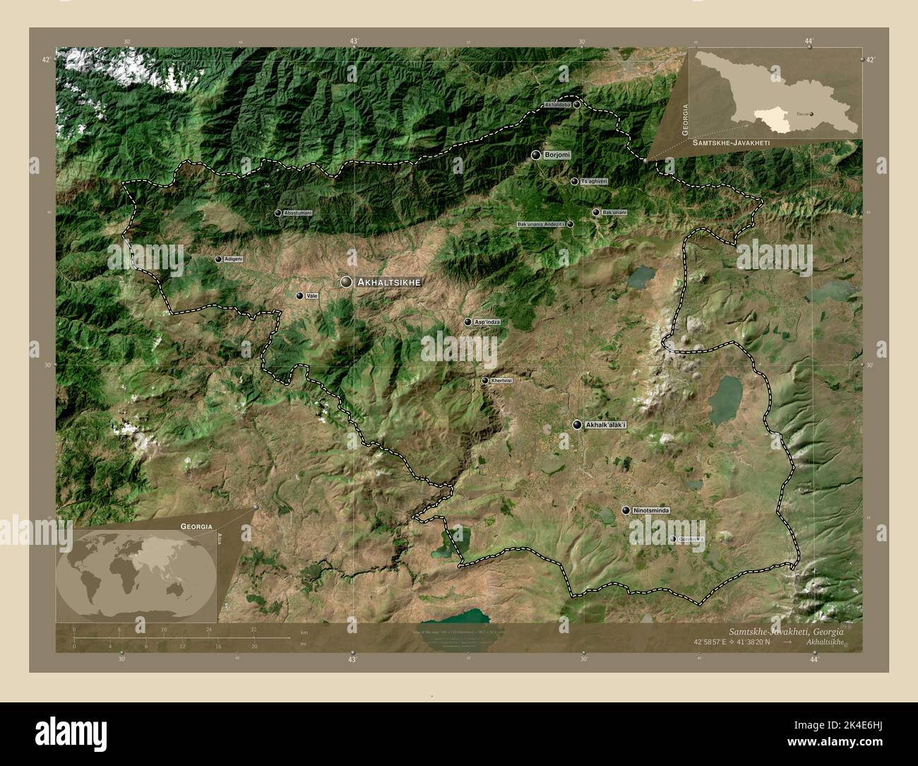 Samtskhe-Javakheti, region of Georgia. High resolution satellite map. Locations and names of ...