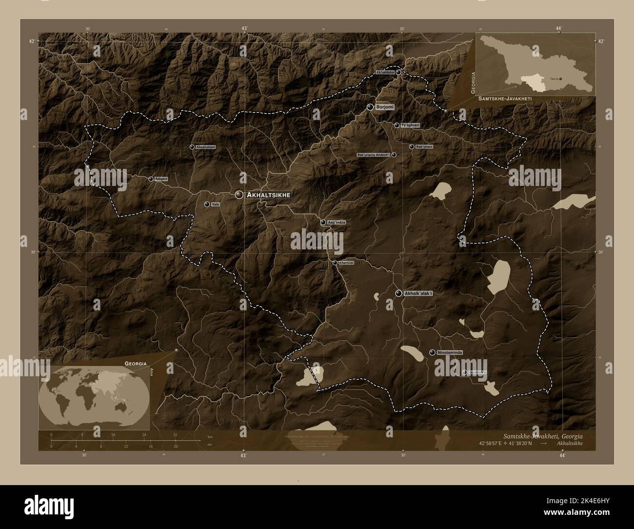 Samtskhe-Javakheti, region of Georgia. Elevation map colored in sepia tones with lakes and ...