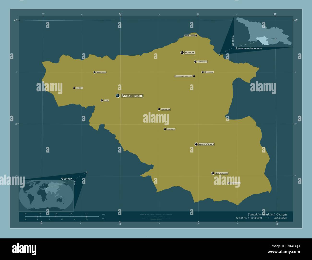 Samtskhe-Javakheti, region of Georgia. Solid color shape. Locations and ...