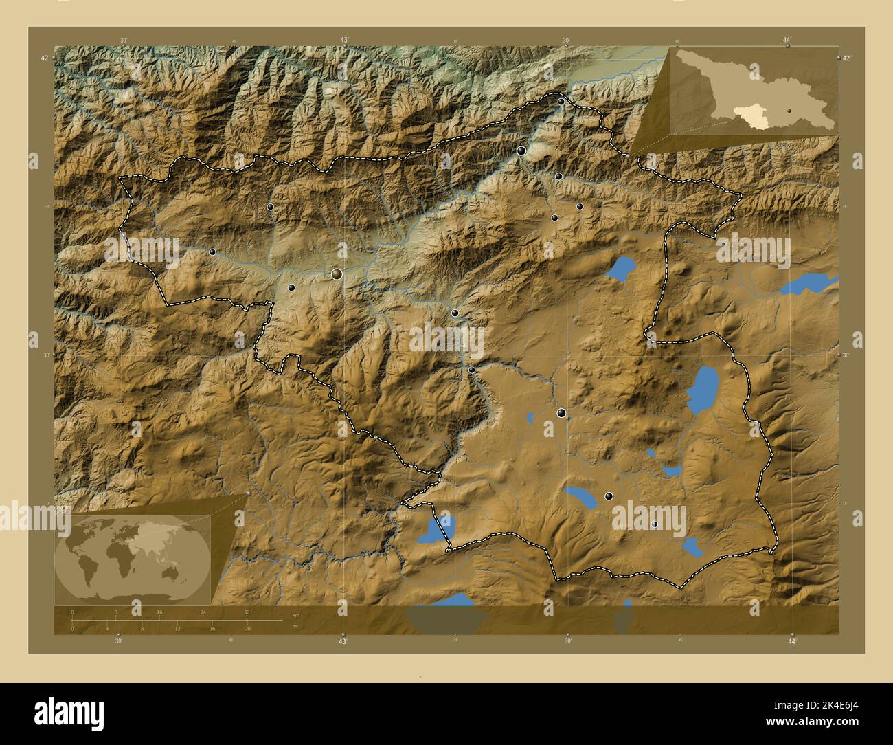 Samtskhe-Javakheti, region of Georgia. Colored elevation map with lakes and rivers. Locations of ...