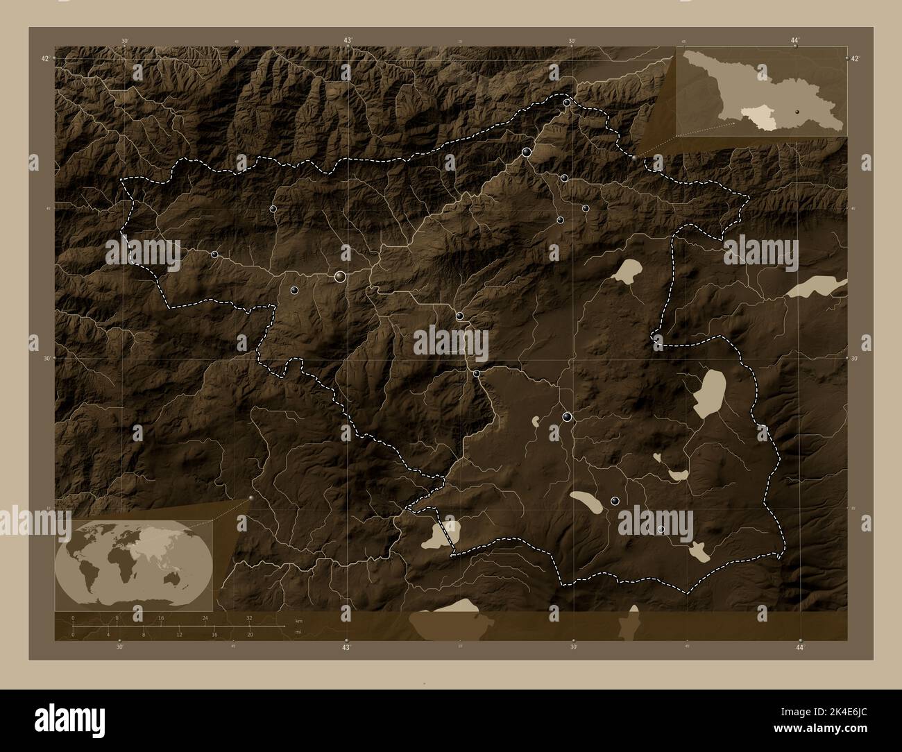 Samtskhe-Javakheti, region of Georgia. Elevation map colored in sepia ...