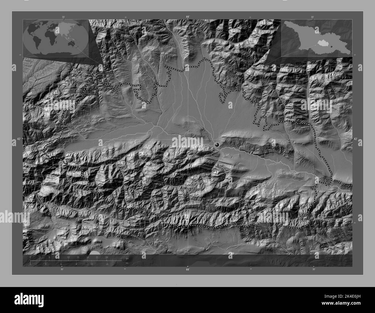 Shida Kartli, region of Georgia. Bilevel elevation map with lakes and rivers. Corner auxiliary ...
