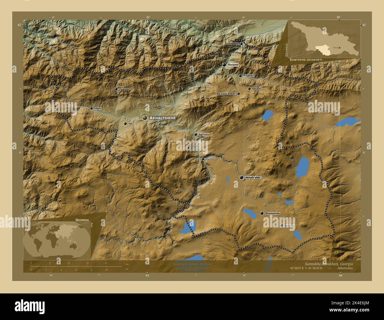 Samtskhe-Javakheti, region of Georgia. Colored elevation map with lakes ...