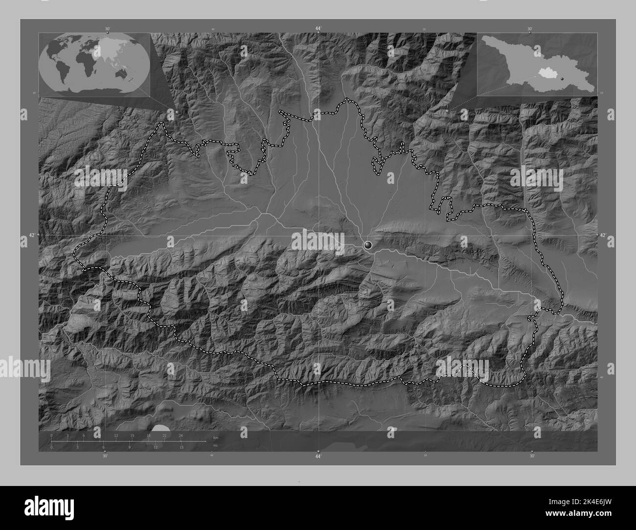 Shida Kartli, region of Georgia. Grayscale elevation map with lakes and rivers. Corner auxiliary ...