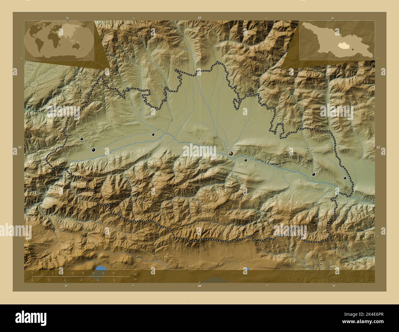 Shida Kartli, region of Georgia. Colored elevation map with lakes and ...