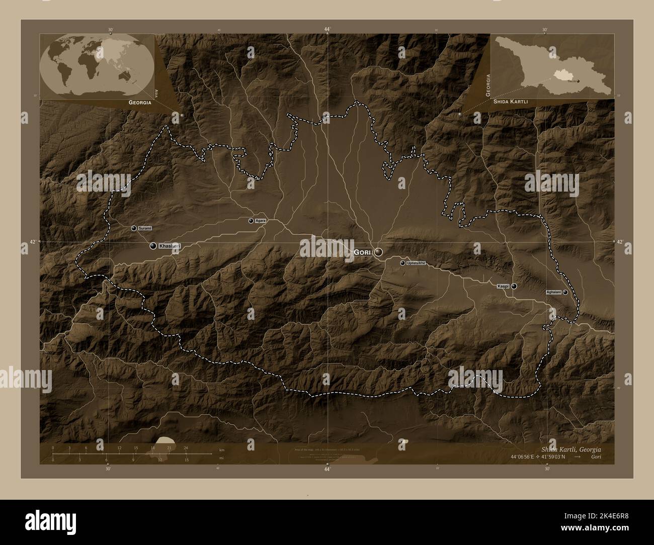 Shida Kartli, region of Georgia. Elevation map colored in sepia tones ...
