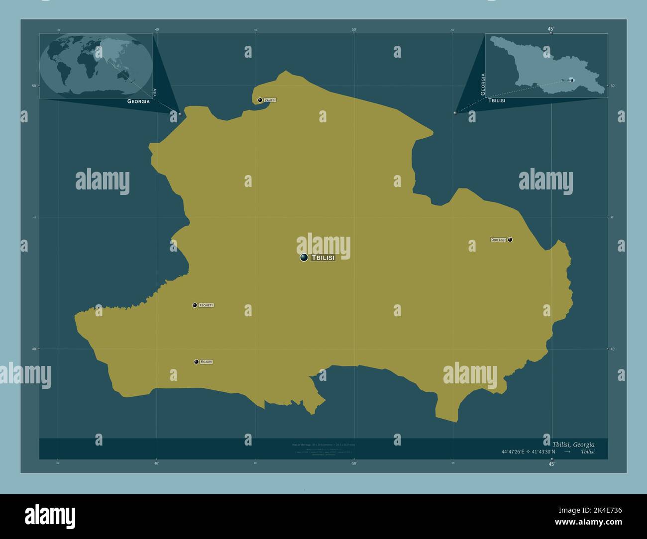 Tbilisi, independent city of Georgia. Solid color shape. Locations and ...