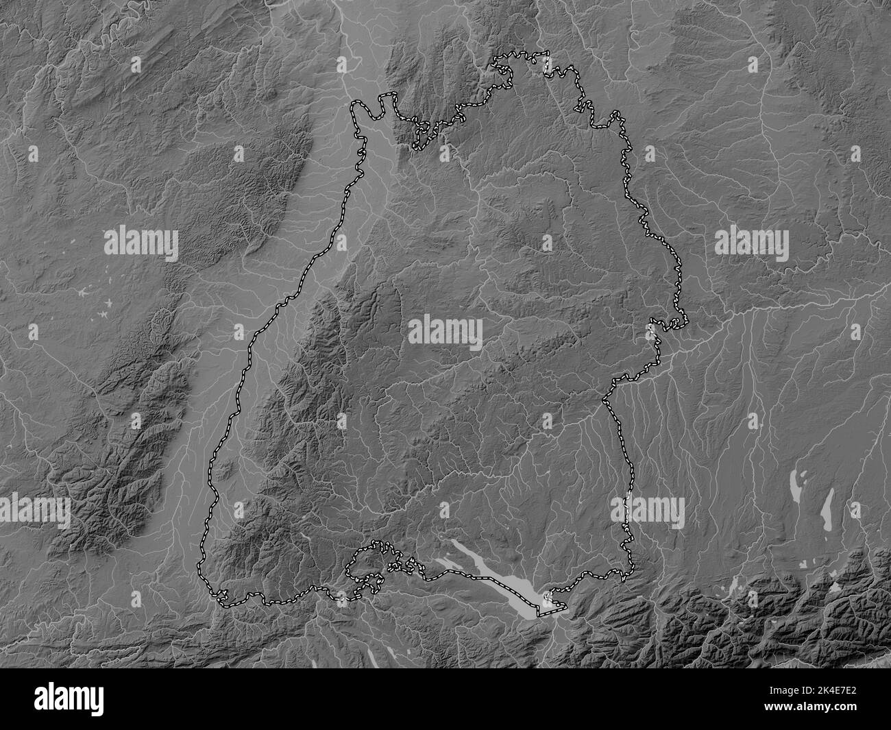 Baden-Wurttemberg, state of Germany. Grayscale elevation map with lakes ...