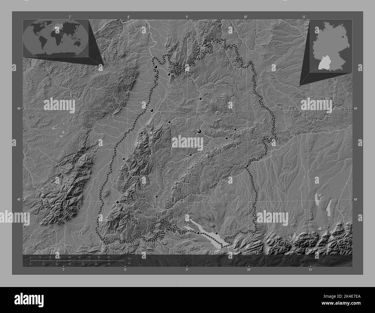 Baden-Wurttemberg, state of Germany. Bilevel elevation map with lakes ...