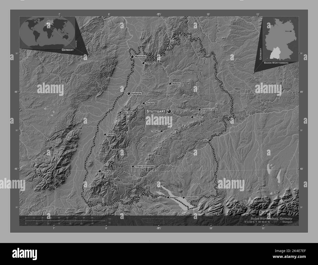 Baden-Wurttemberg, state of Germany. Bilevel elevation map with lakes ...