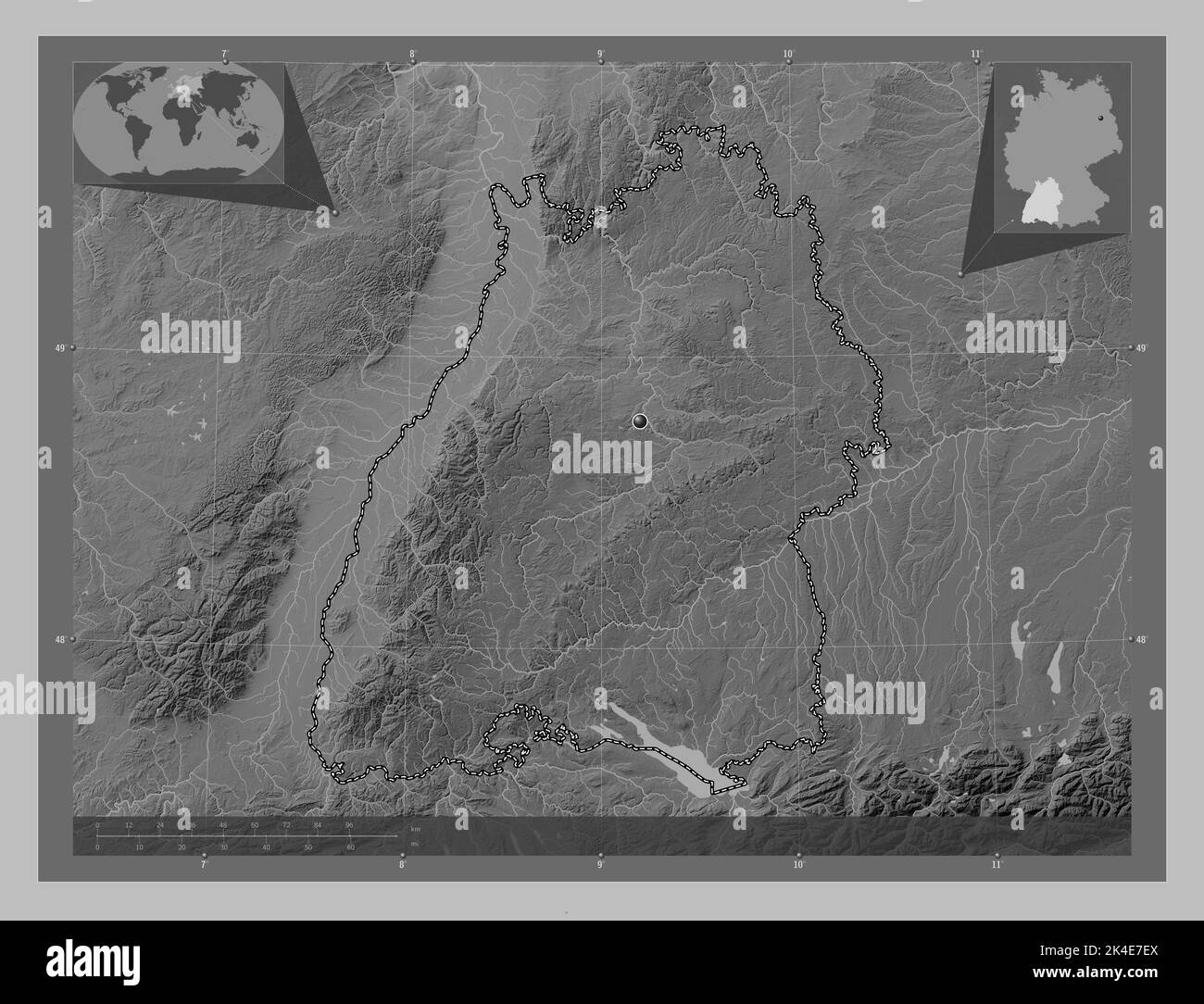Baden-Wurttemberg, state of Germany. Grayscale elevation map with lakes ...