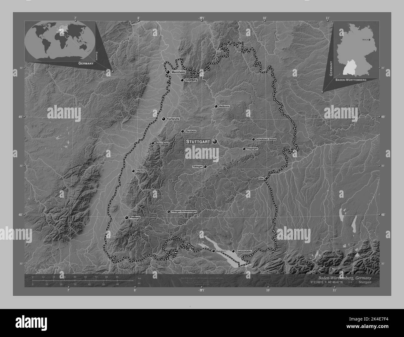 Baden-Wurttemberg, state of Germany. Grayscale elevation map with lakes ...