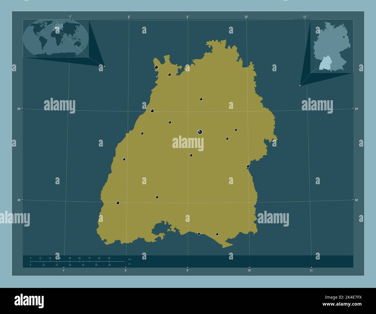 Baden-Wurttemberg, state of Germany. Solid color shape. Locations of ...