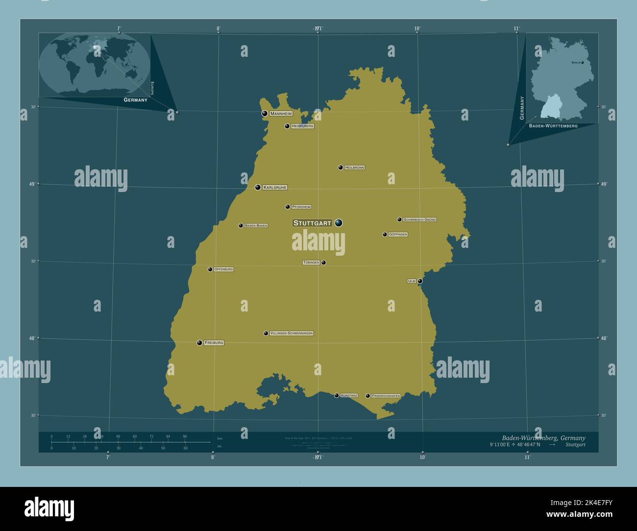 Baden-Wurttemberg, state of Germany. Solid color shape. Locations and ...