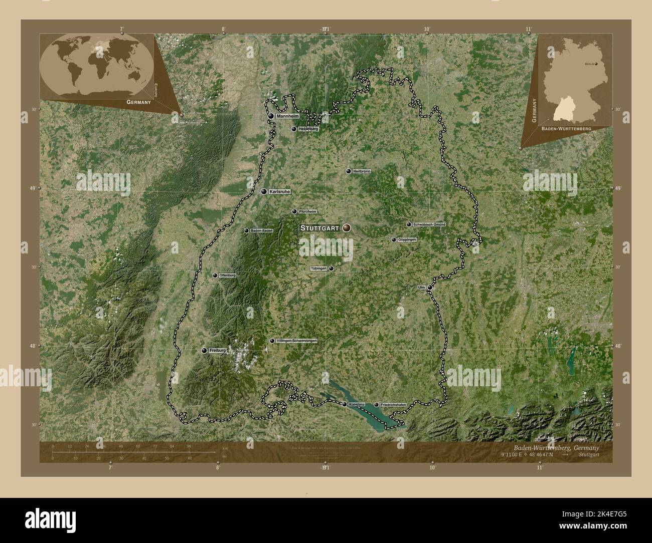 Baden-Wurttemberg, state of Germany. Low resolution satellite map ...