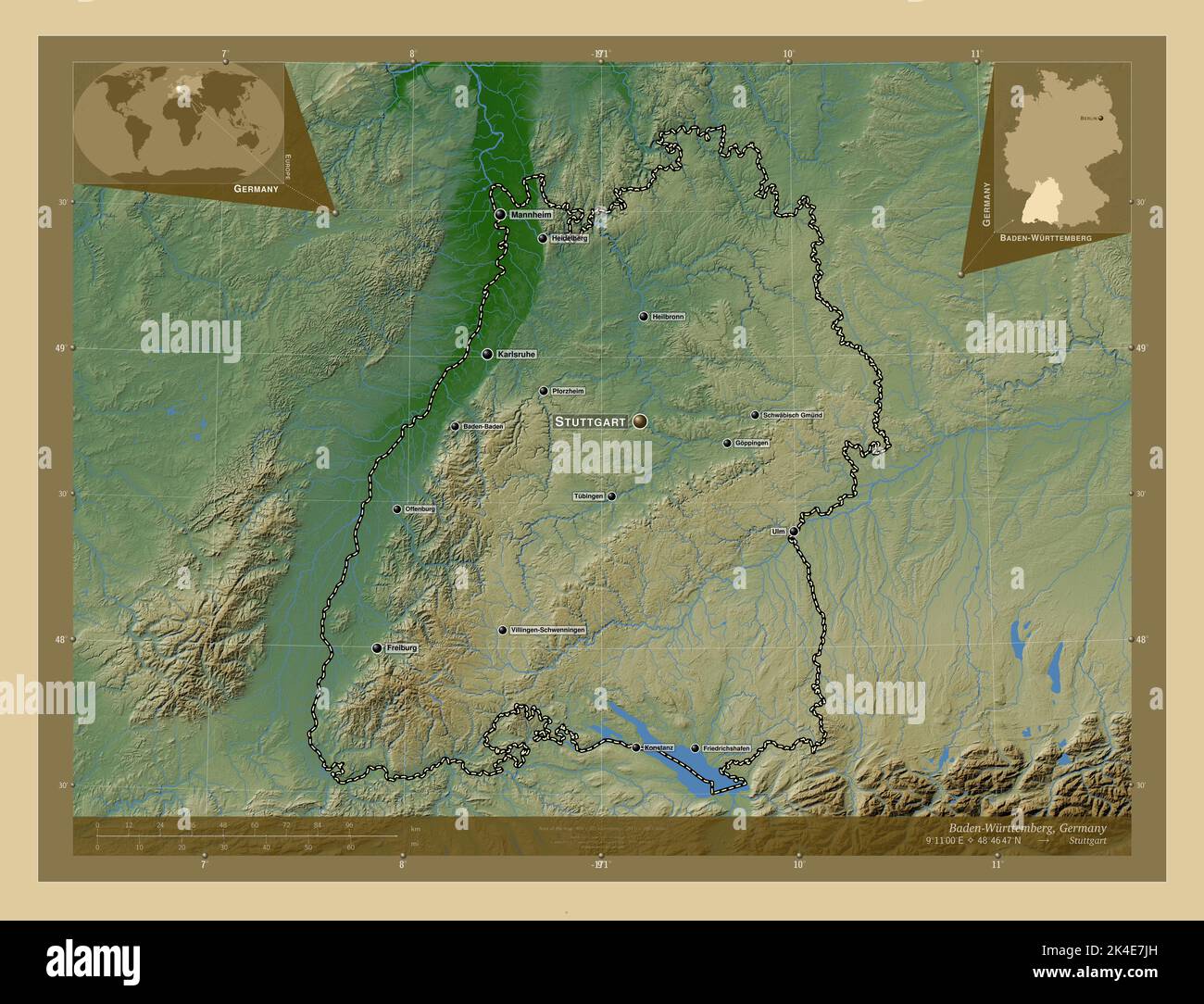 Baden-Wurttemberg, state of Germany. Colored elevation map with lakes ...