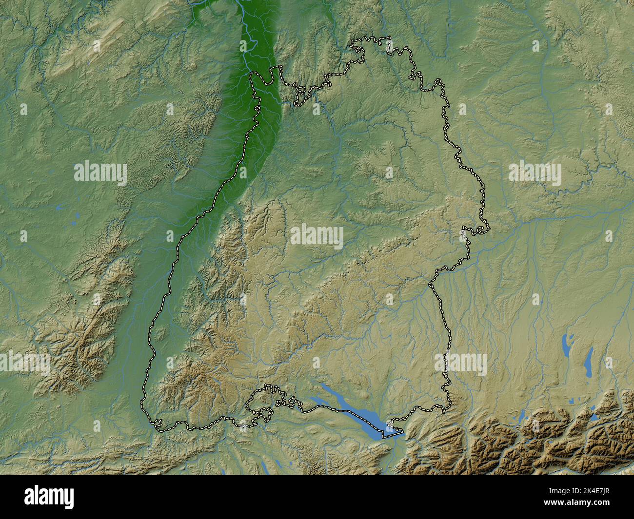 Baden-Wurttemberg, state of Germany. Colored elevation map with lakes ...