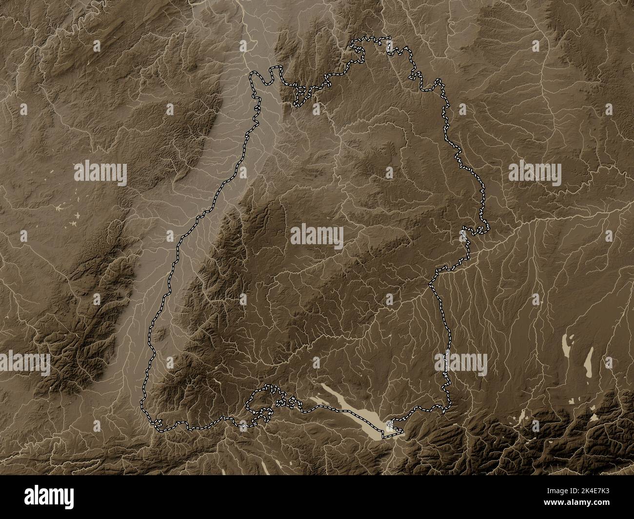 Baden-Wurttemberg, state of Germany. Elevation map colored in sepia ...