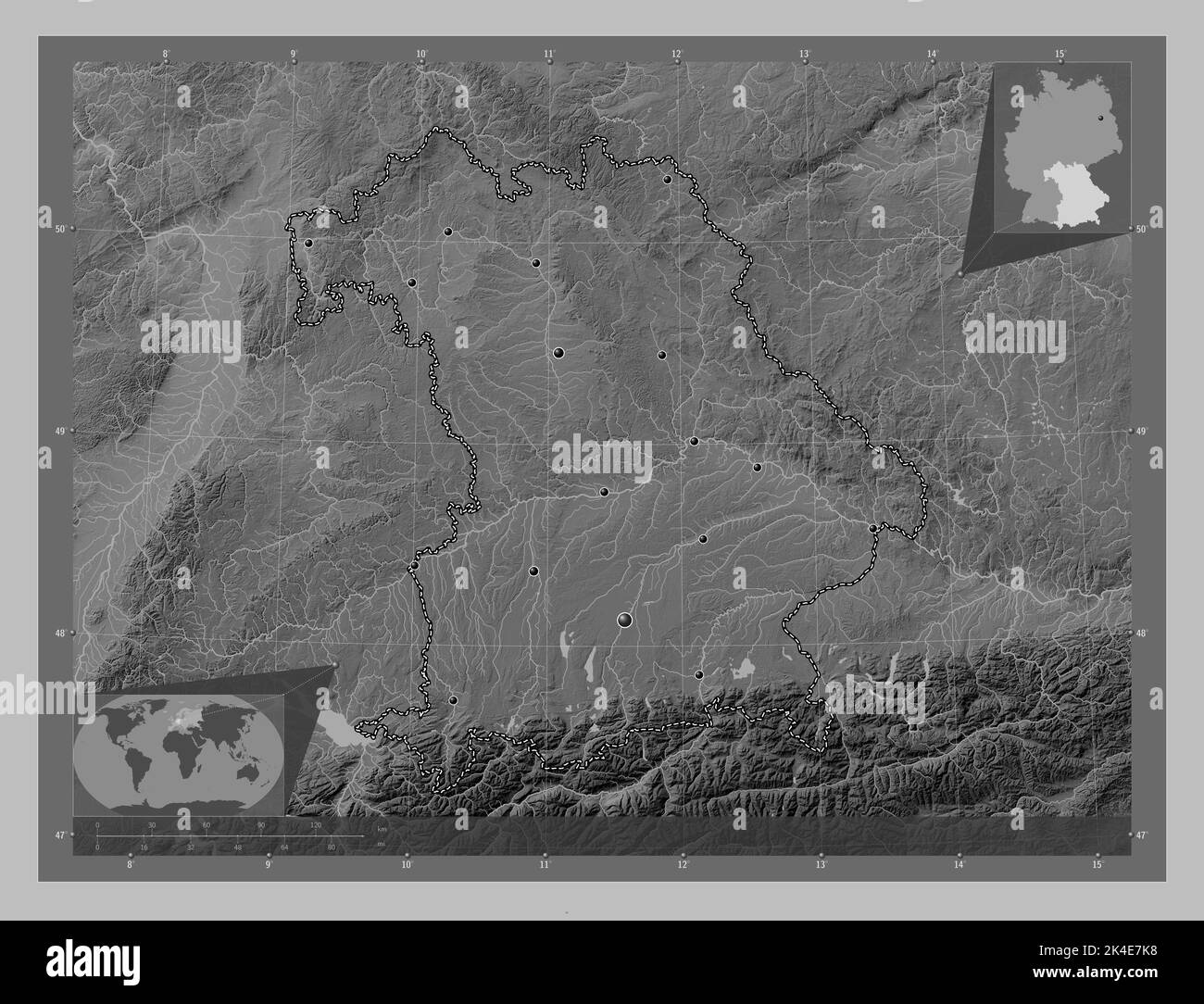 Bayern, region of Germany. Grayscale elevation map with lakes and ...