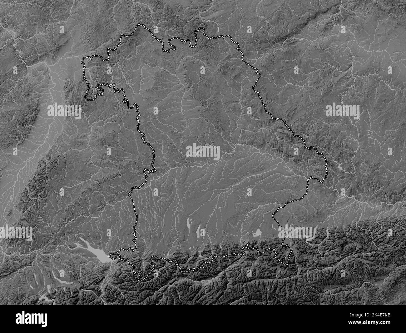 Bayern, region of Germany. Grayscale elevation map with lakes and ...