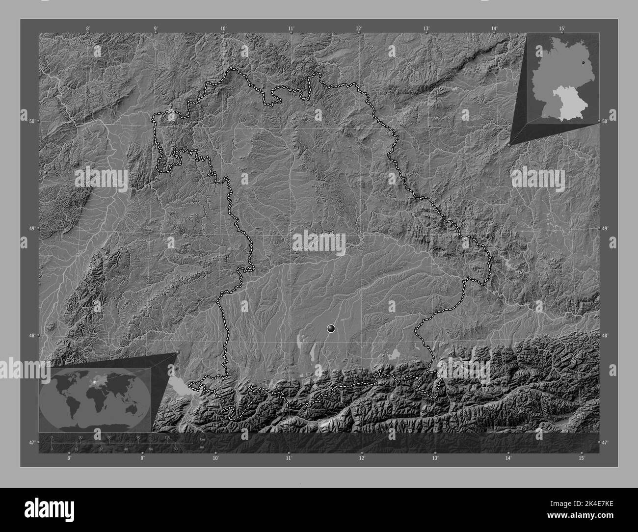 Bayern, region of Germany. Bilevel elevation map with lakes and rivers ...
