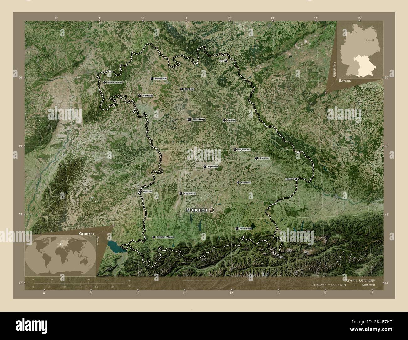 Bayern, region of Germany. High resolution satellite map. Locations and ...
