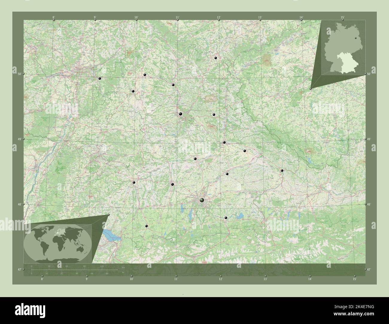 Bayern, region of Germany. Open Street Map. Locations of major cities ...