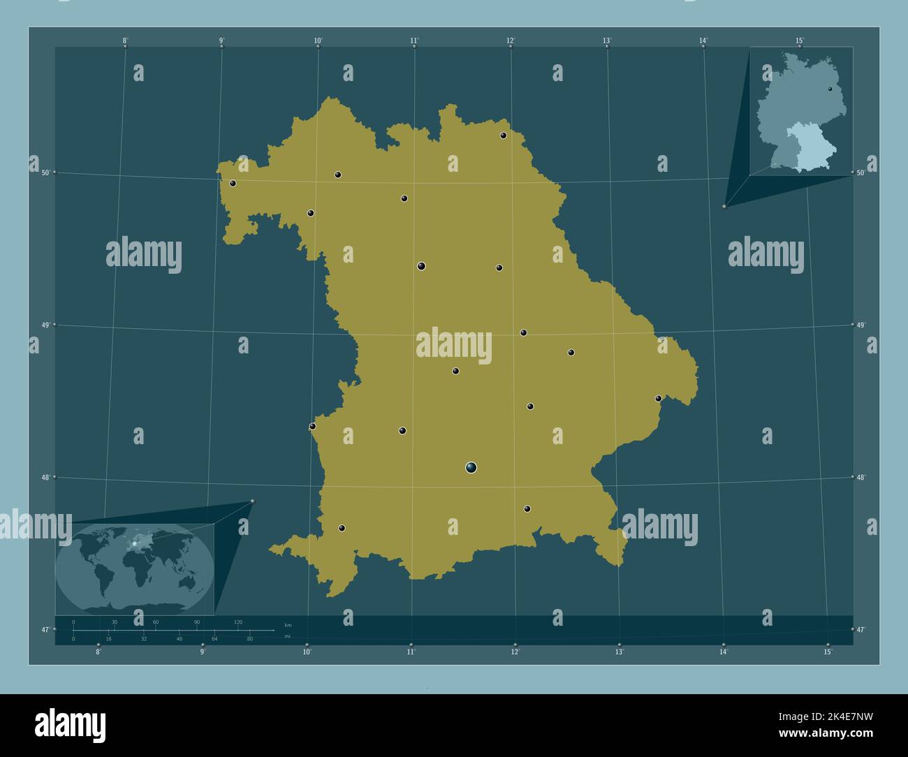 Bayern, region of Germany. Solid color shape. Locations of major cities ...