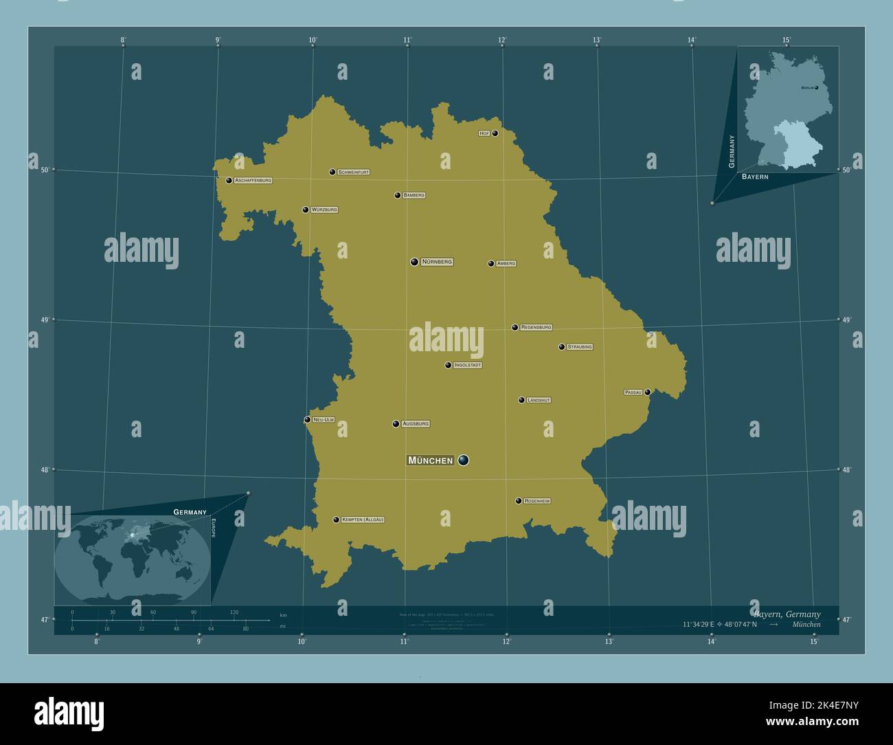 Bayern, region of Germany. Solid color shape. Locations and names of ...