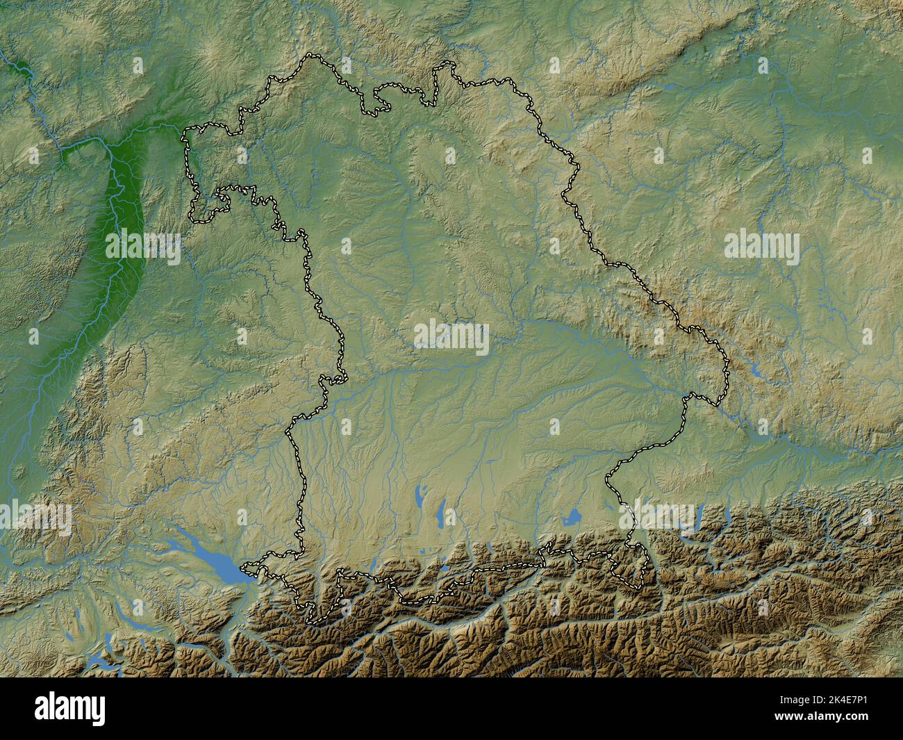 Bayern, region of Germany. Colored elevation map with lakes and rivers ...