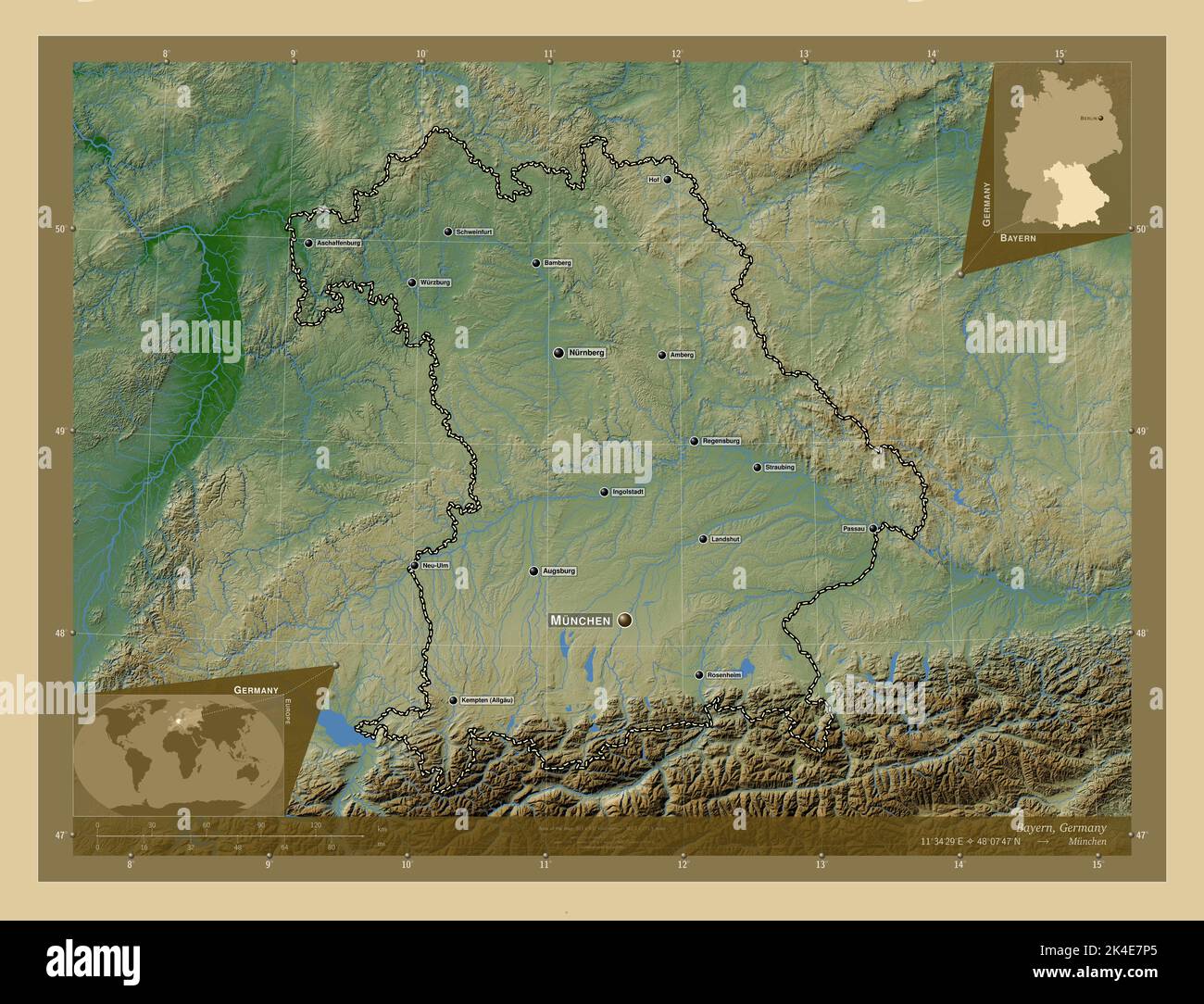 Bayern, region of Germany. Colored elevation map with lakes and rivers ...