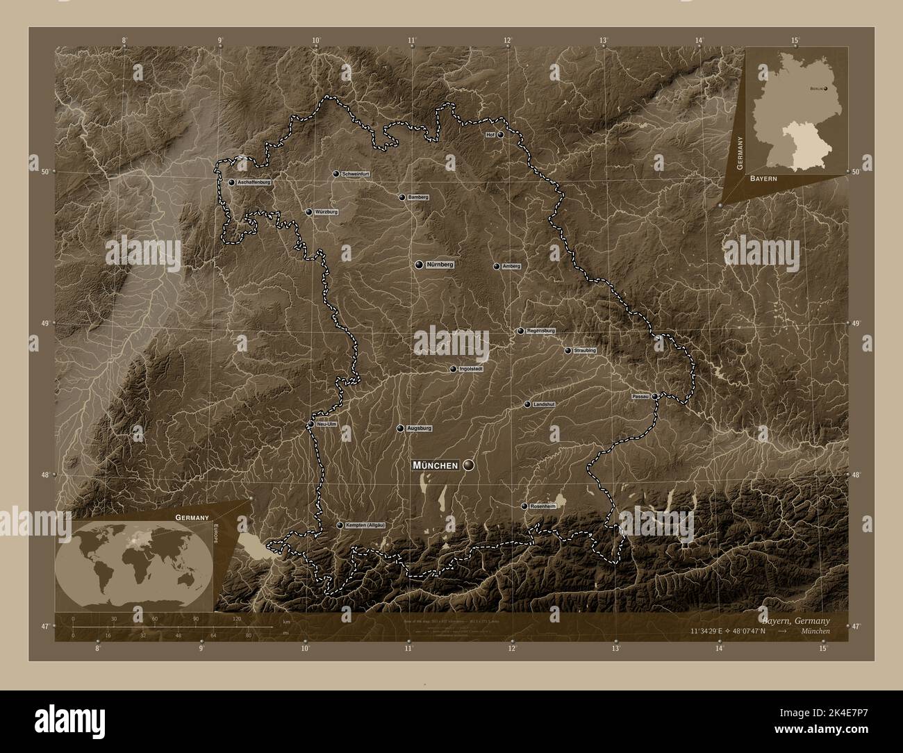 Bayern, region of Germany. Elevation map colored in sepia tones with ...