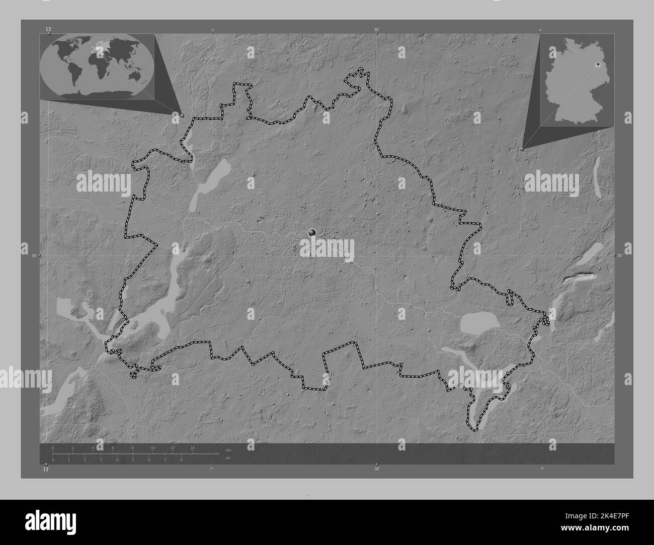 Berlin, state of Germany. Grayscale elevation map with lakes and rivers ...
