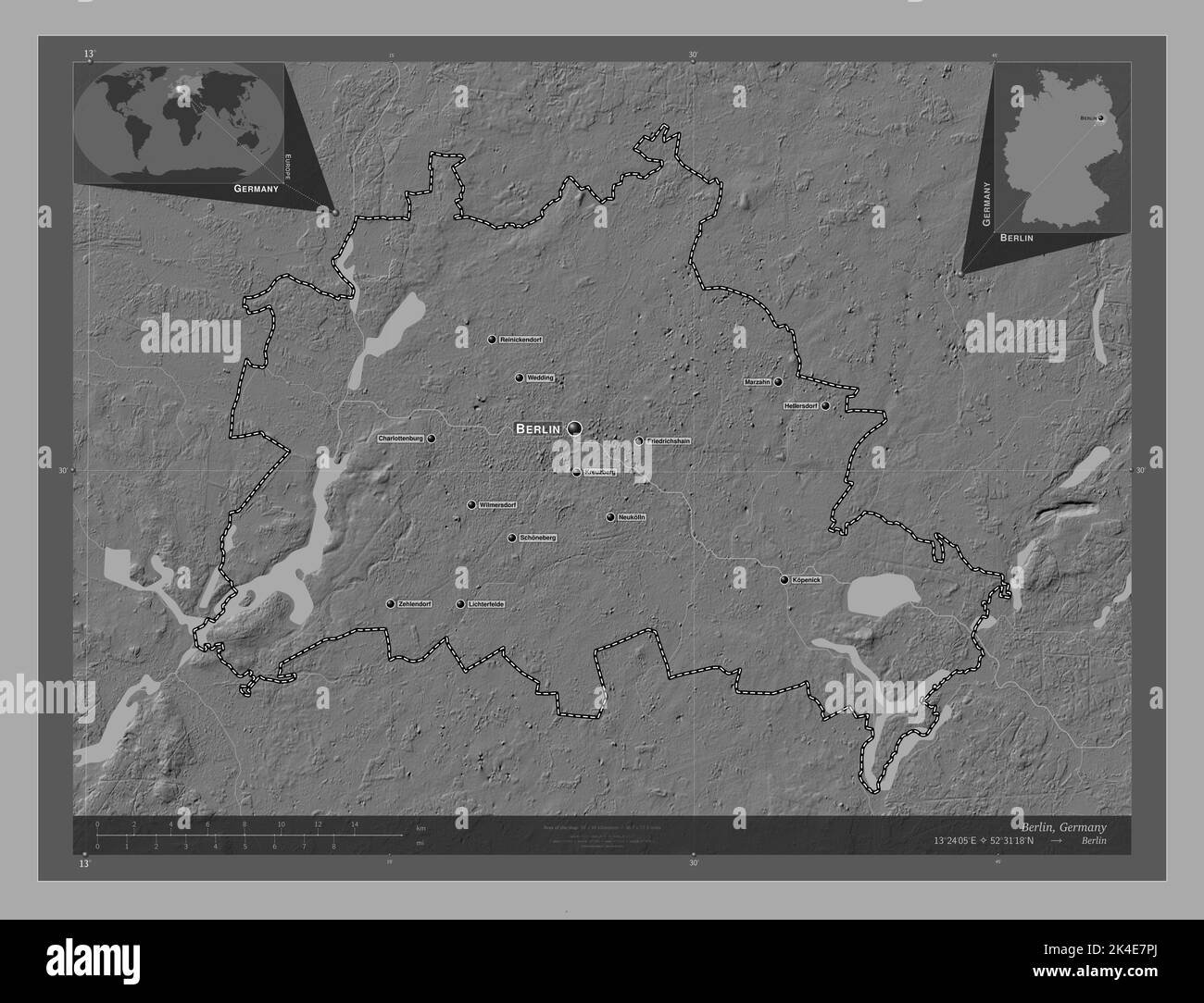 Berlin, state of Germany. Bilevel elevation map with lakes and rivers ...