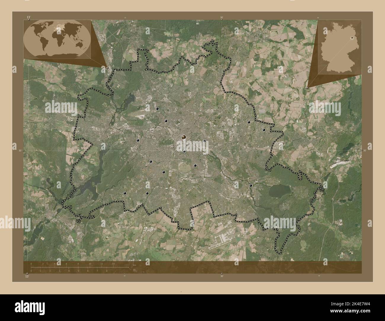 Berlin, state of Germany. Low resolution satellite map. Locations of ...