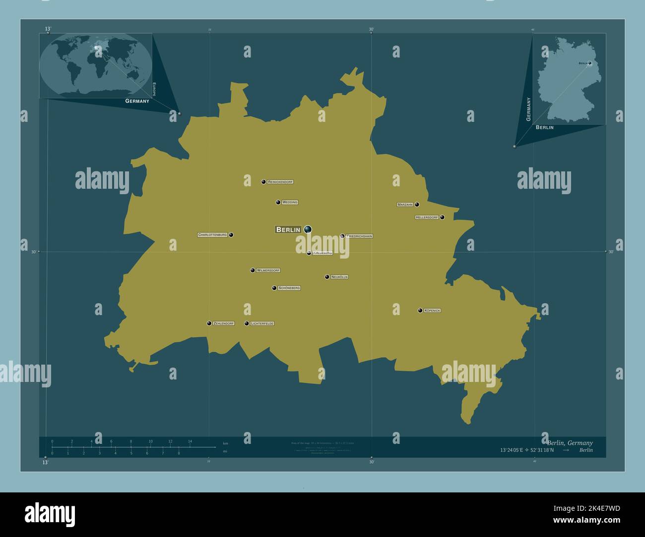 Berlin, state of Germany. Solid color shape. Locations and names of ...