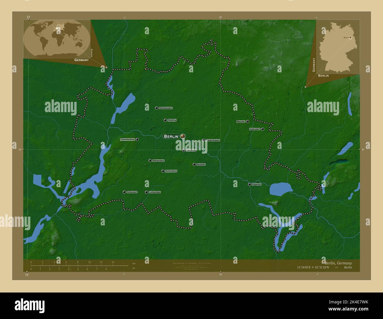 Berlin, state of Germany. Colored elevation map with lakes and rivers ...