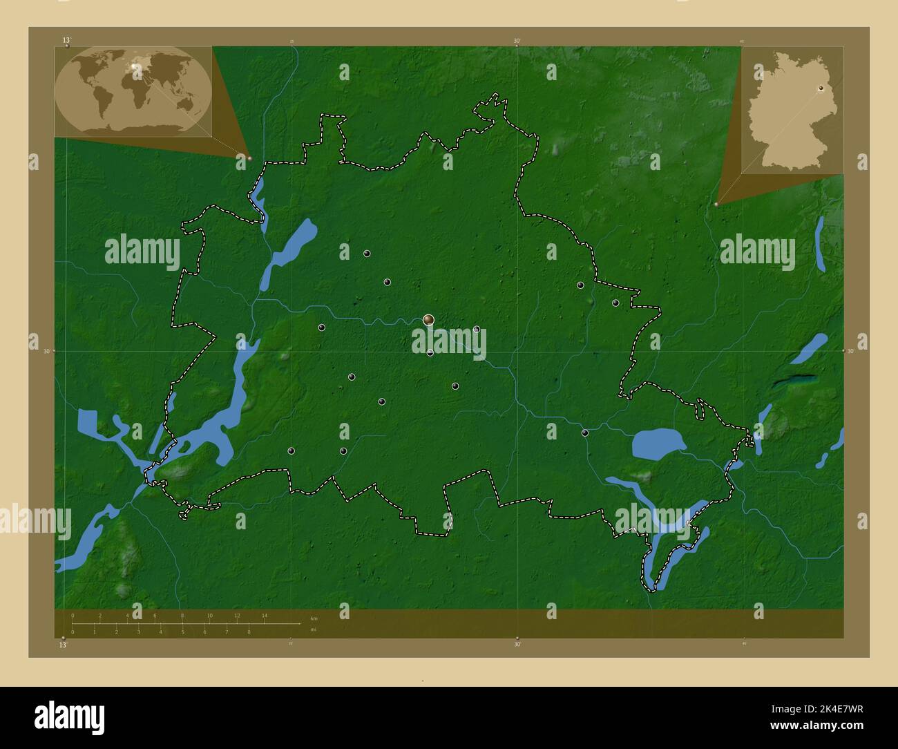 Berlin, state of Germany. Colored elevation map with lakes and rivers ...