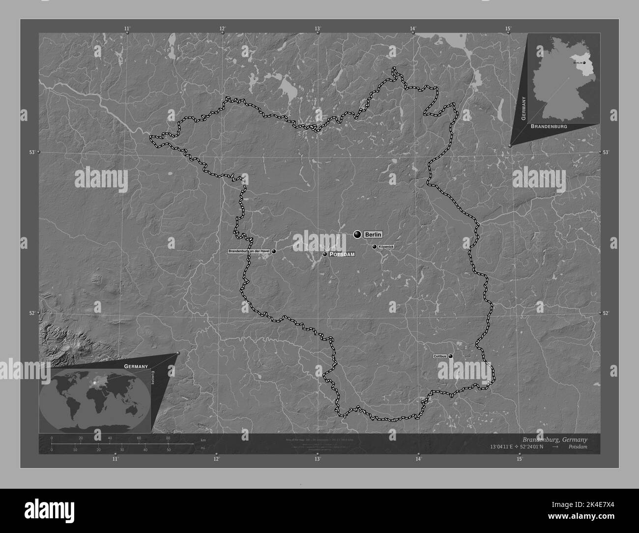 Brandenburg, state of Germany. Bilevel elevation map with lakes and ...