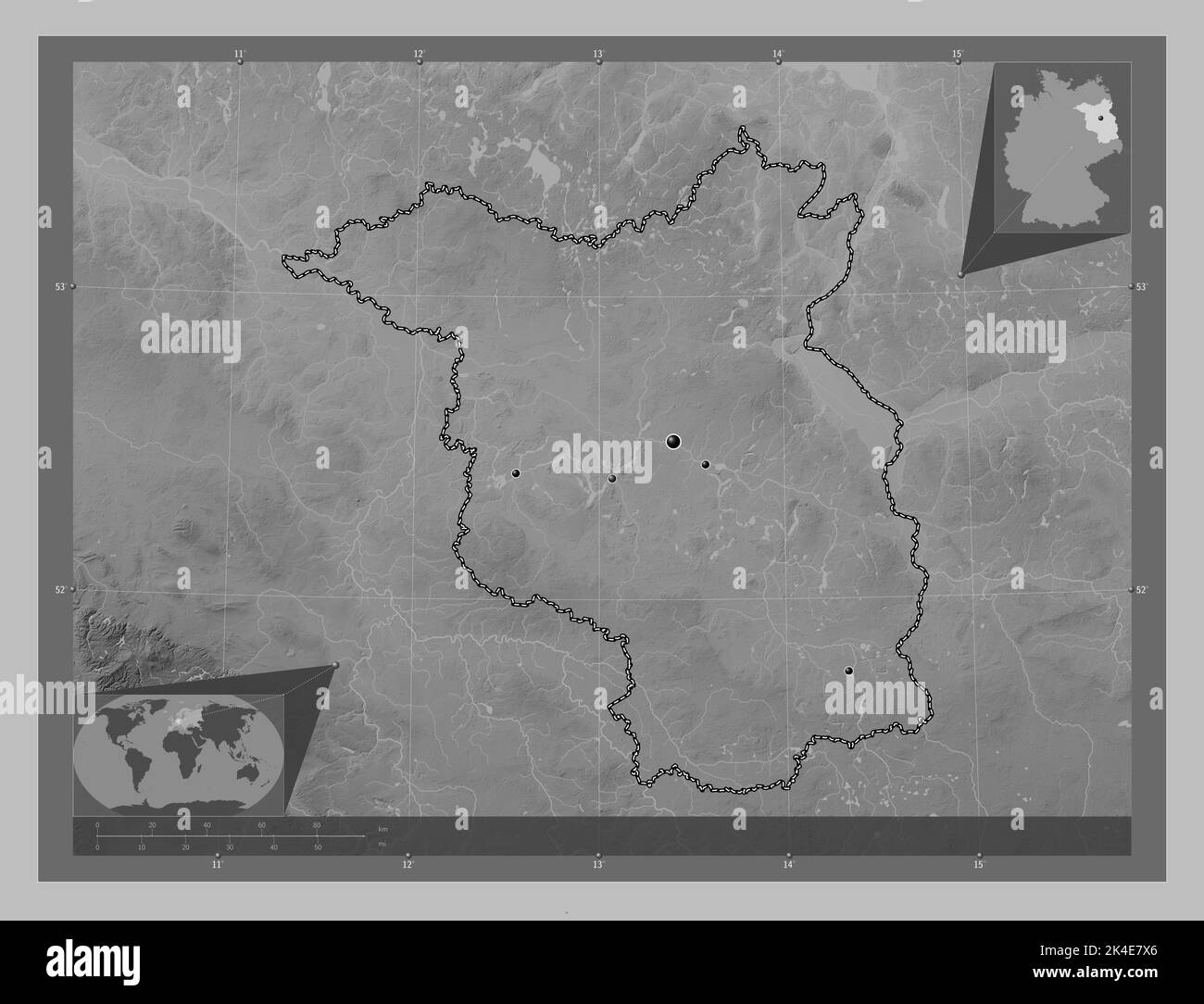 Brandenburg, state of Germany. Grayscale elevation map with lakes and ...