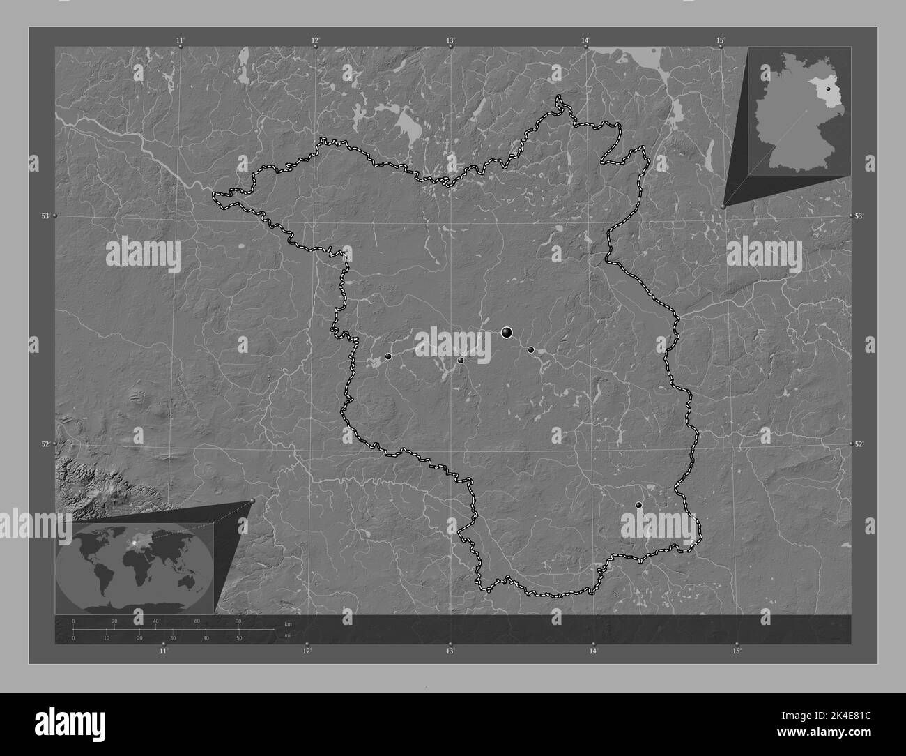 Brandenburg, state of Germany. Bilevel elevation map with lakes and ...