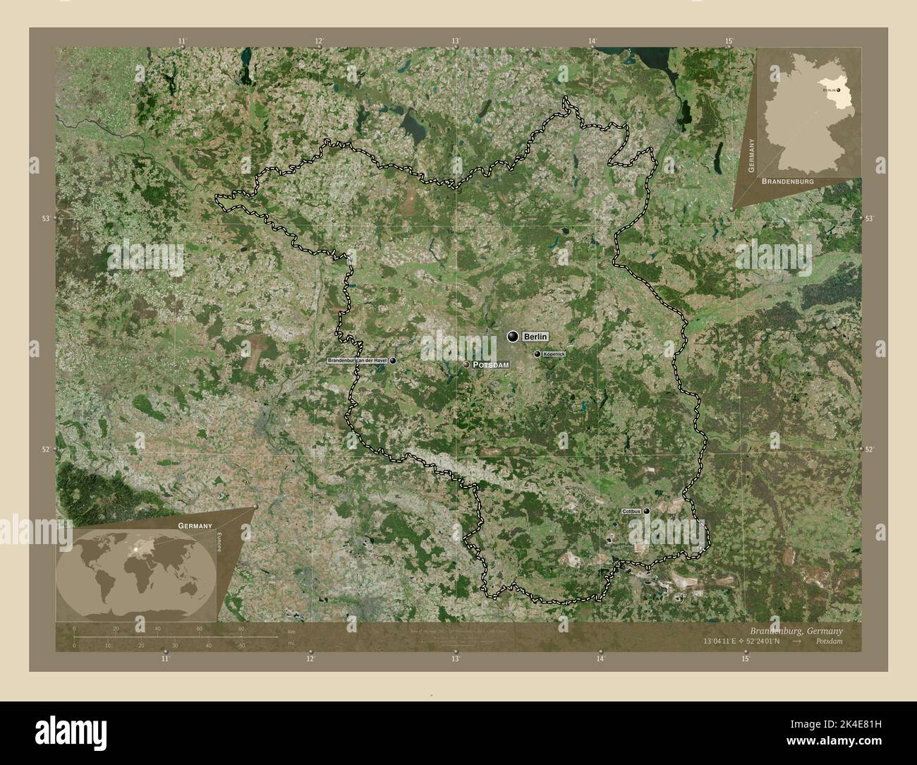 Brandenburg, state of Germany. High resolution satellite map. Locations ...