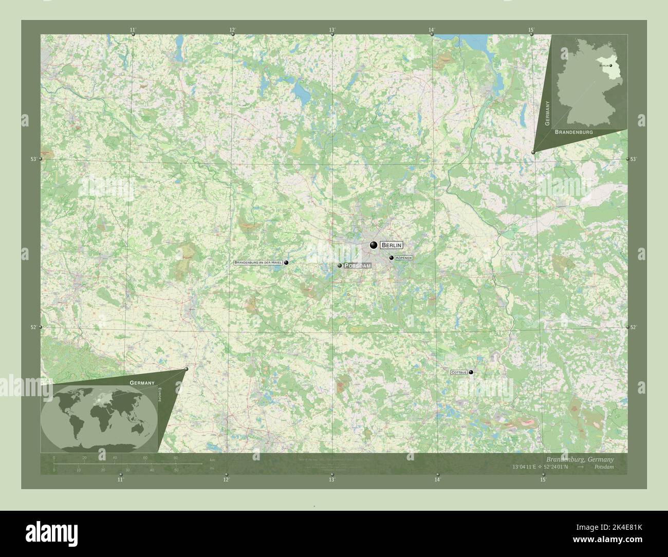 Brandenburg, state of Germany. Open Street Map. Locations and names of major cities of the ...