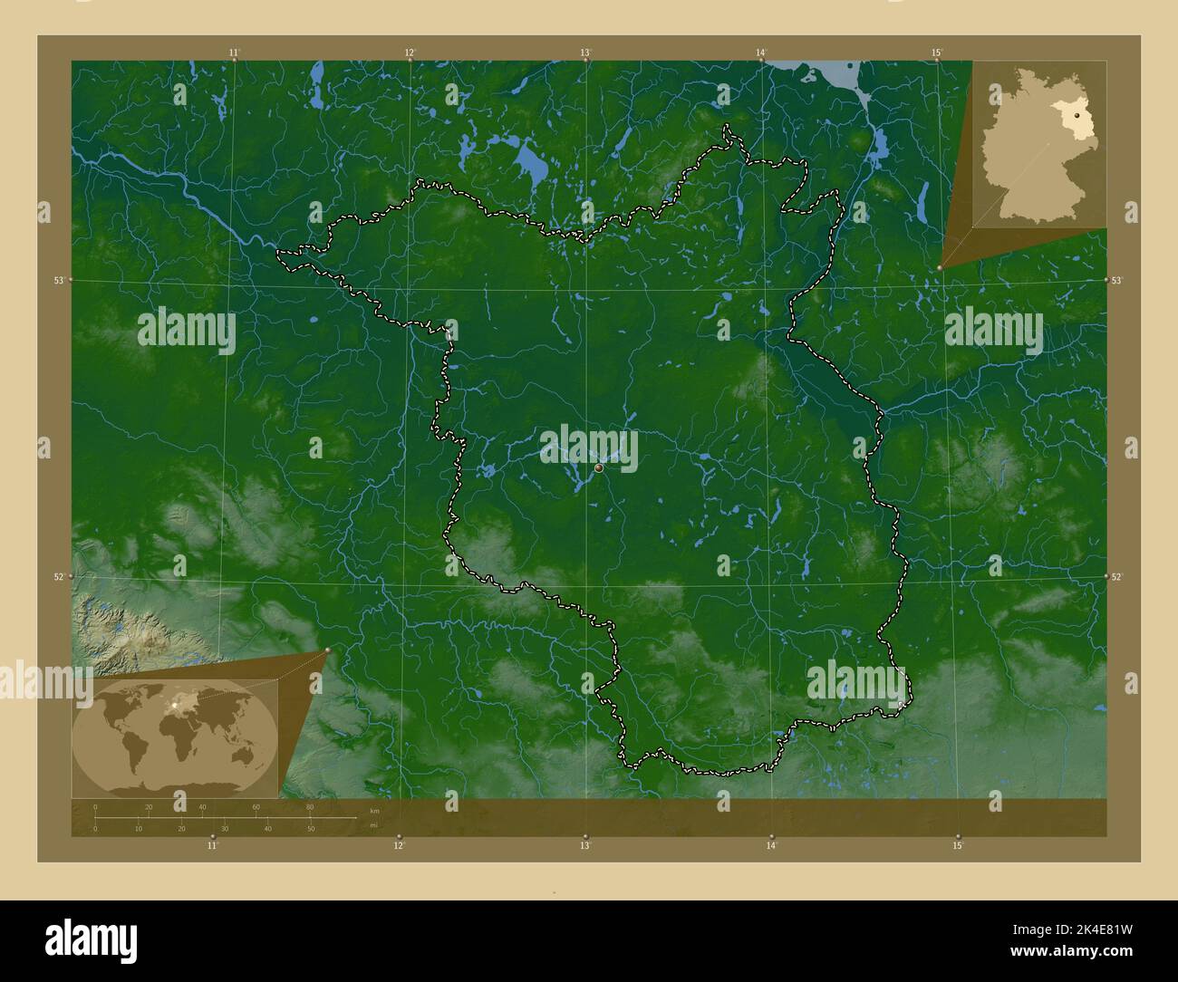 Brandenburg, state of Germany. Colored elevation map with lakes and ...