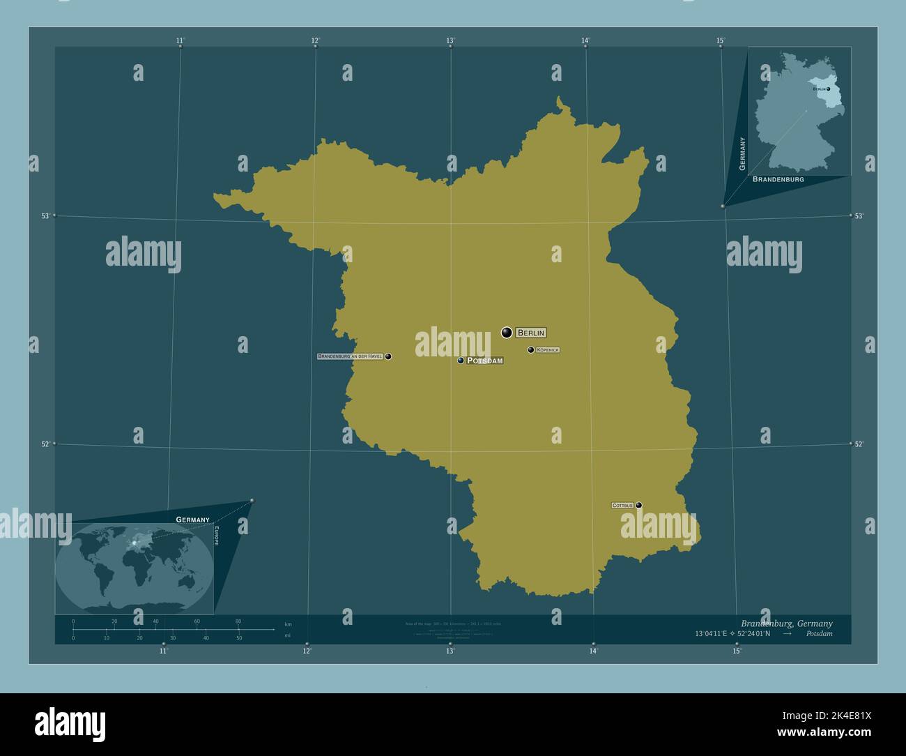 Brandenburg, state of Germany. Solid color shape. Locations and names ...