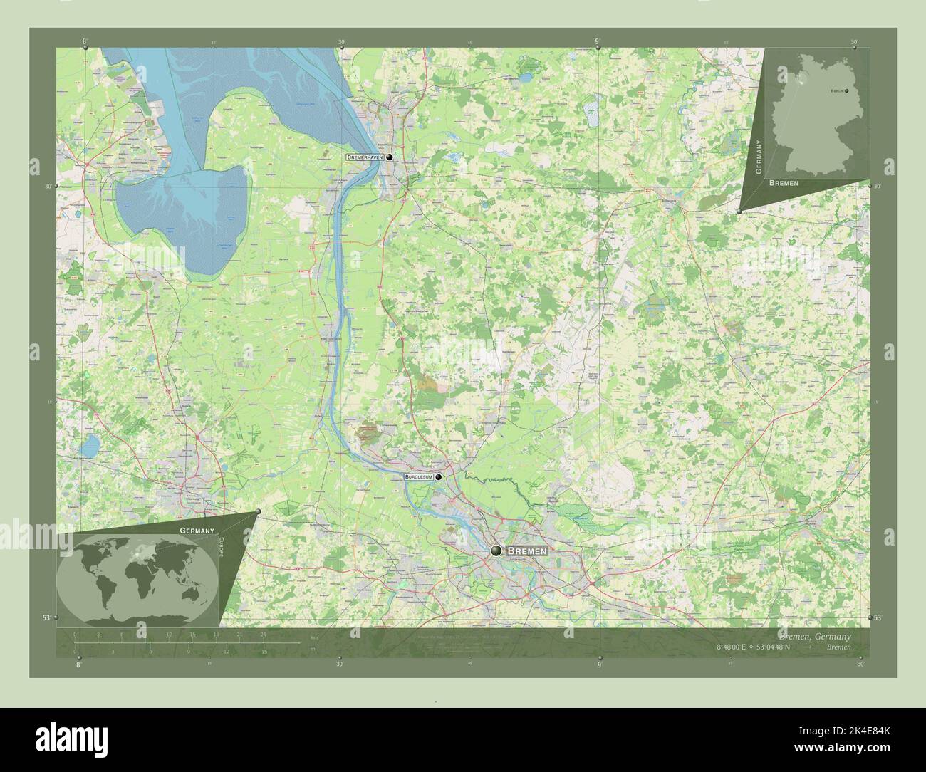 Bremen, state of Germany. Open Street Map. Locations and names of major ...
