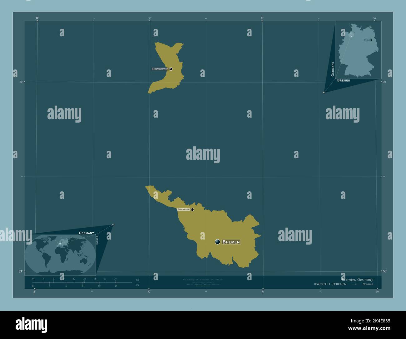 Bremen, state of Germany. Solid color shape. Locations and names of ...