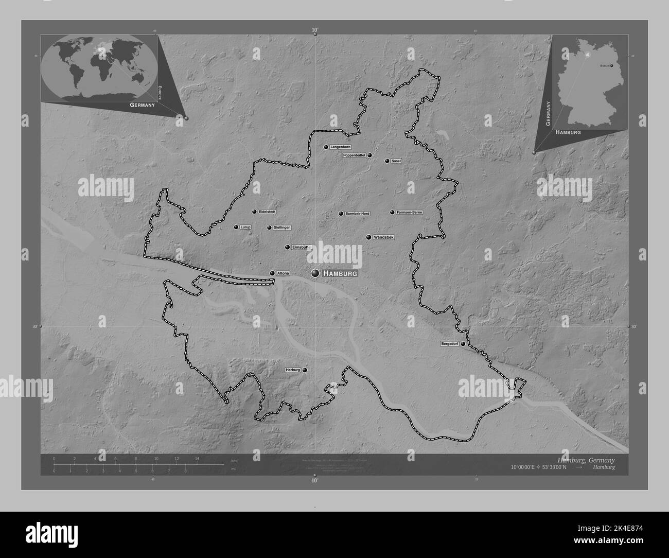 Hamburg, state of Germany. Grayscale elevation map with lakes and ...